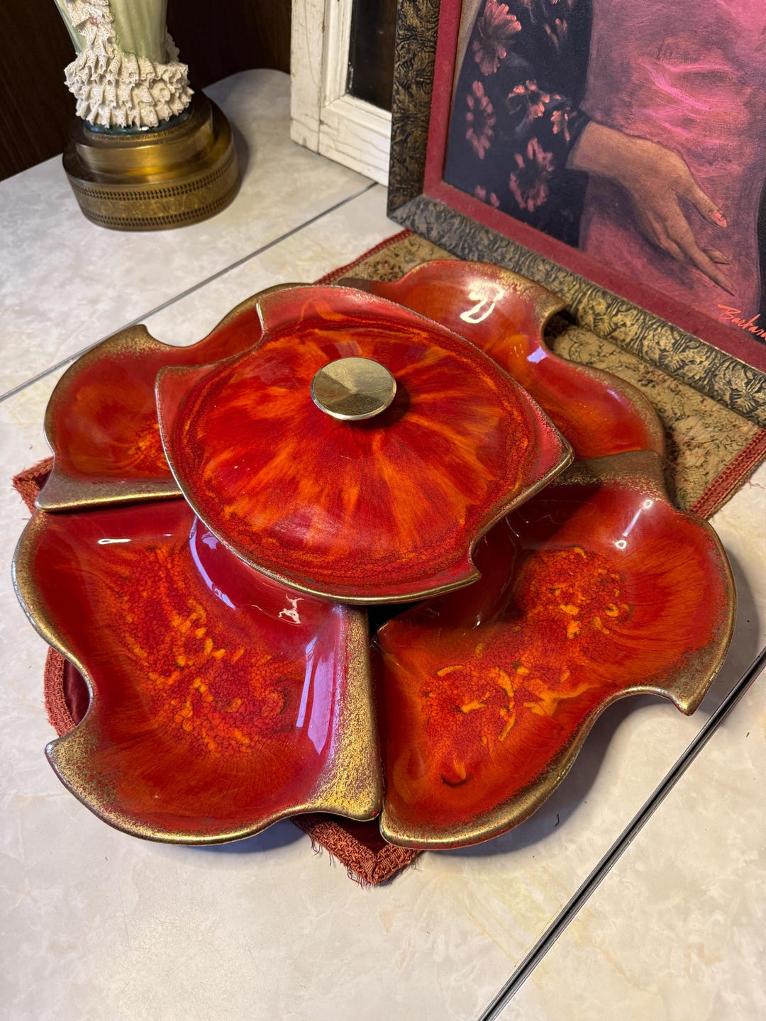 California Pottery Appetizer Set: MCM Red Gold Speckled Atomic Platter ...