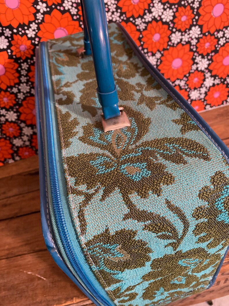 Vintage AVON 1960s Teal and Blue Tapestry Print Suitcase , Overnight Bag , Vintage Luggage ...