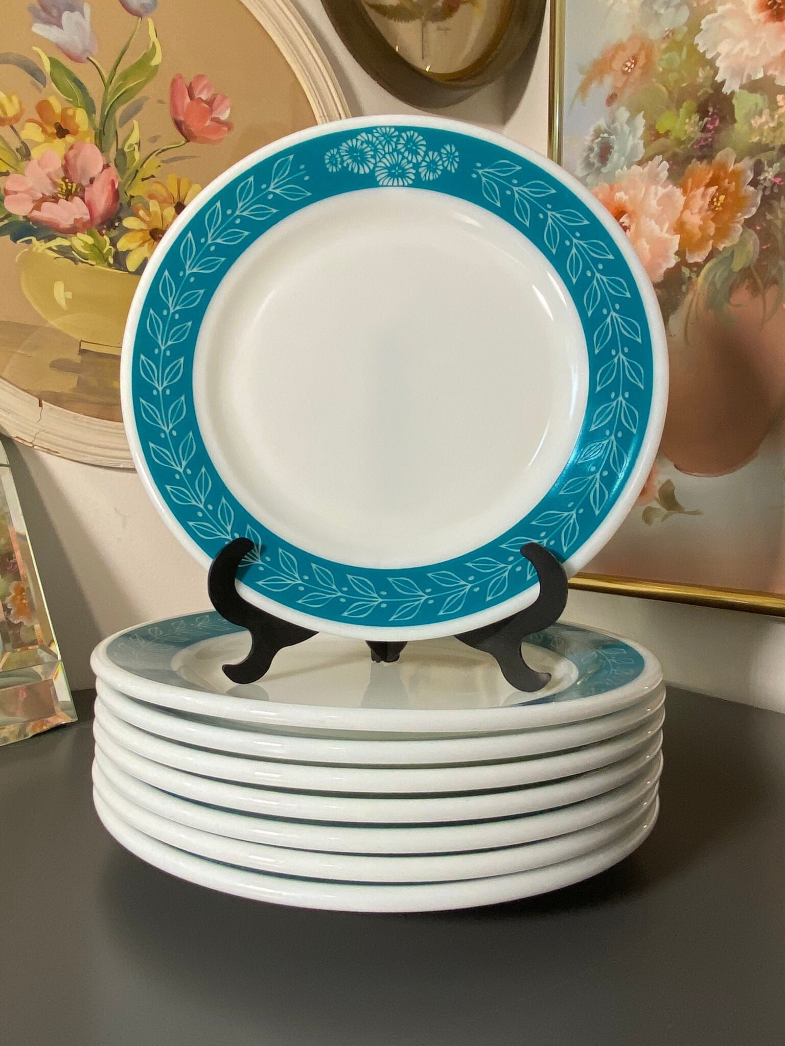 Vintage PYREX Set of 8 Turquoise Laurel Leaf Milk Glass 9 1960's Dinner ...