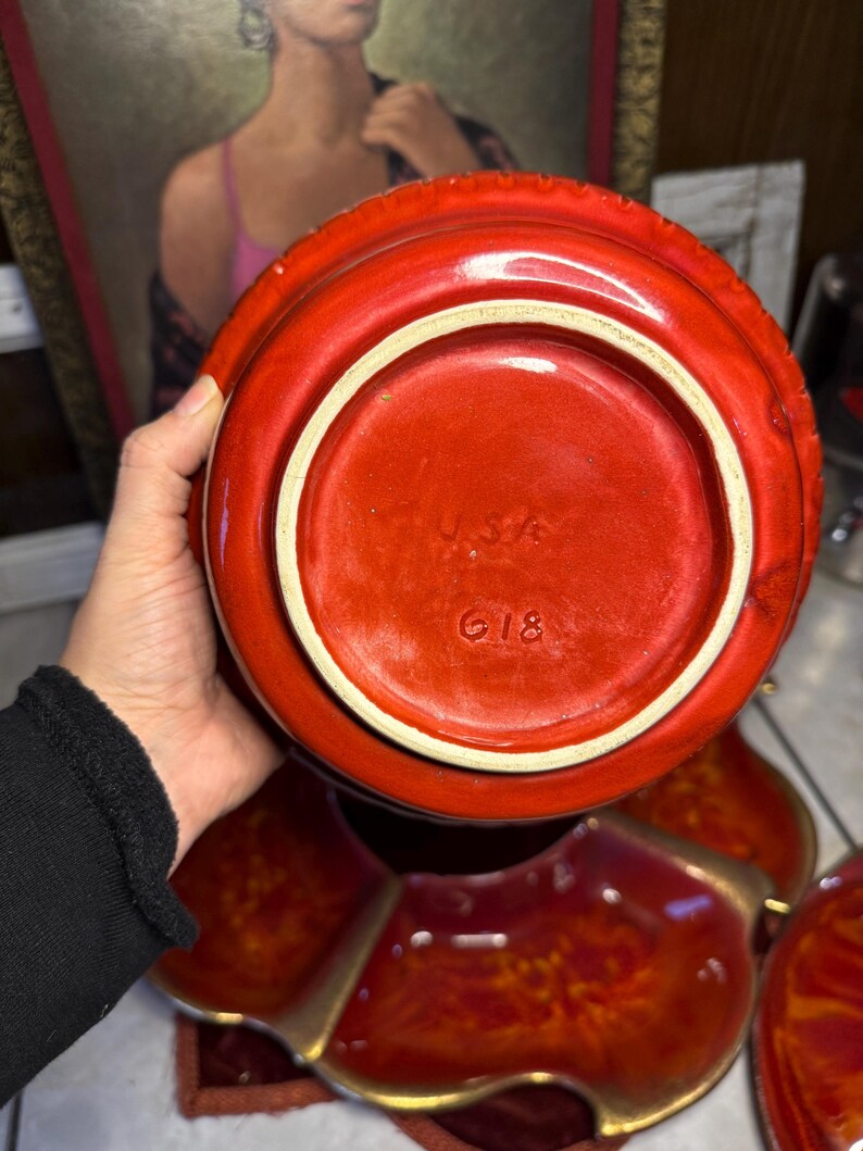 California Pottery Appetizer Set: MCM Red Gold Speckled Atomic Platter ...