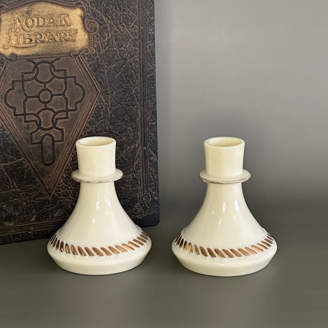 Vintage Wheaton Ware Custard Glass Candlestick Holders - Ivory With ...