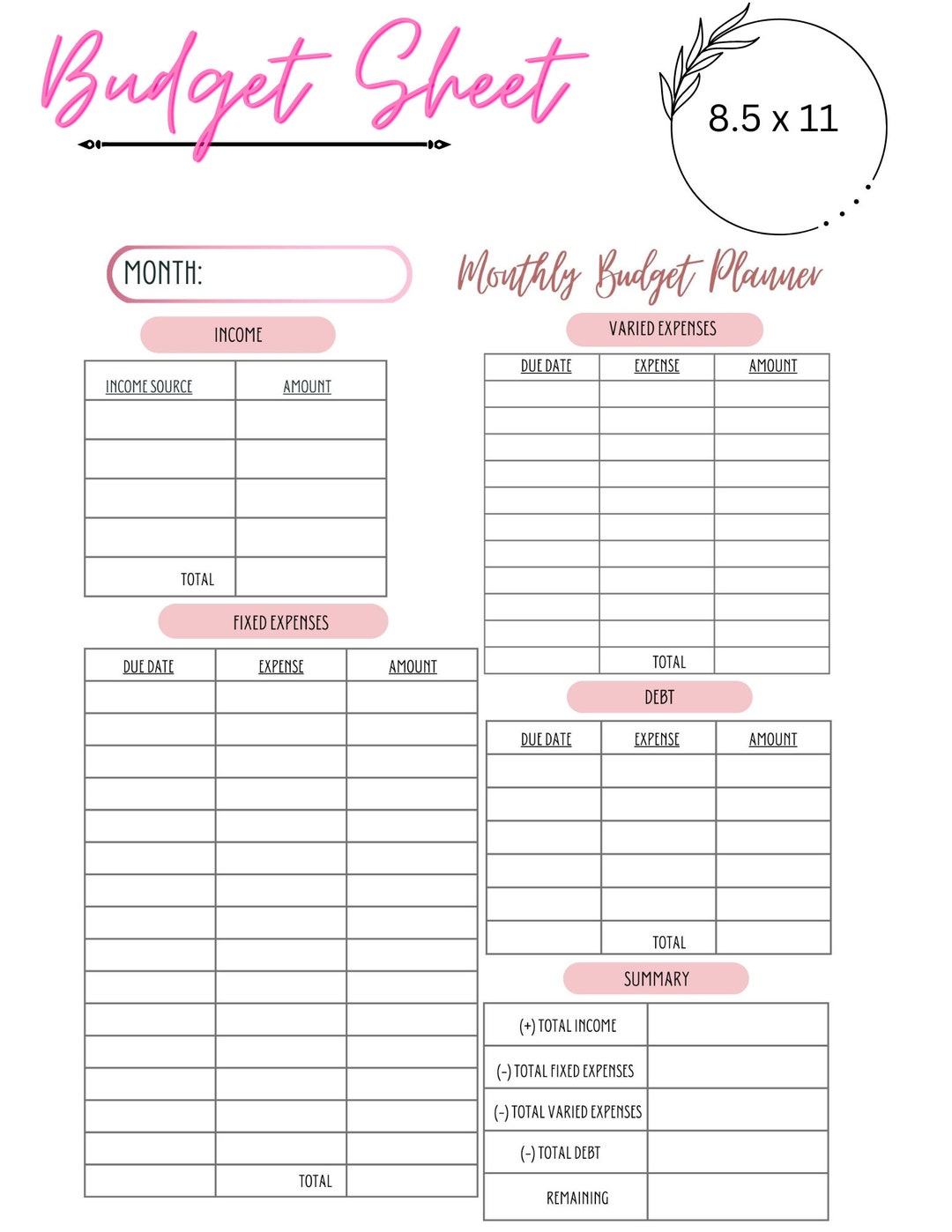 Printable Monthly Budget Tracker, Budget Template Digital Download ...