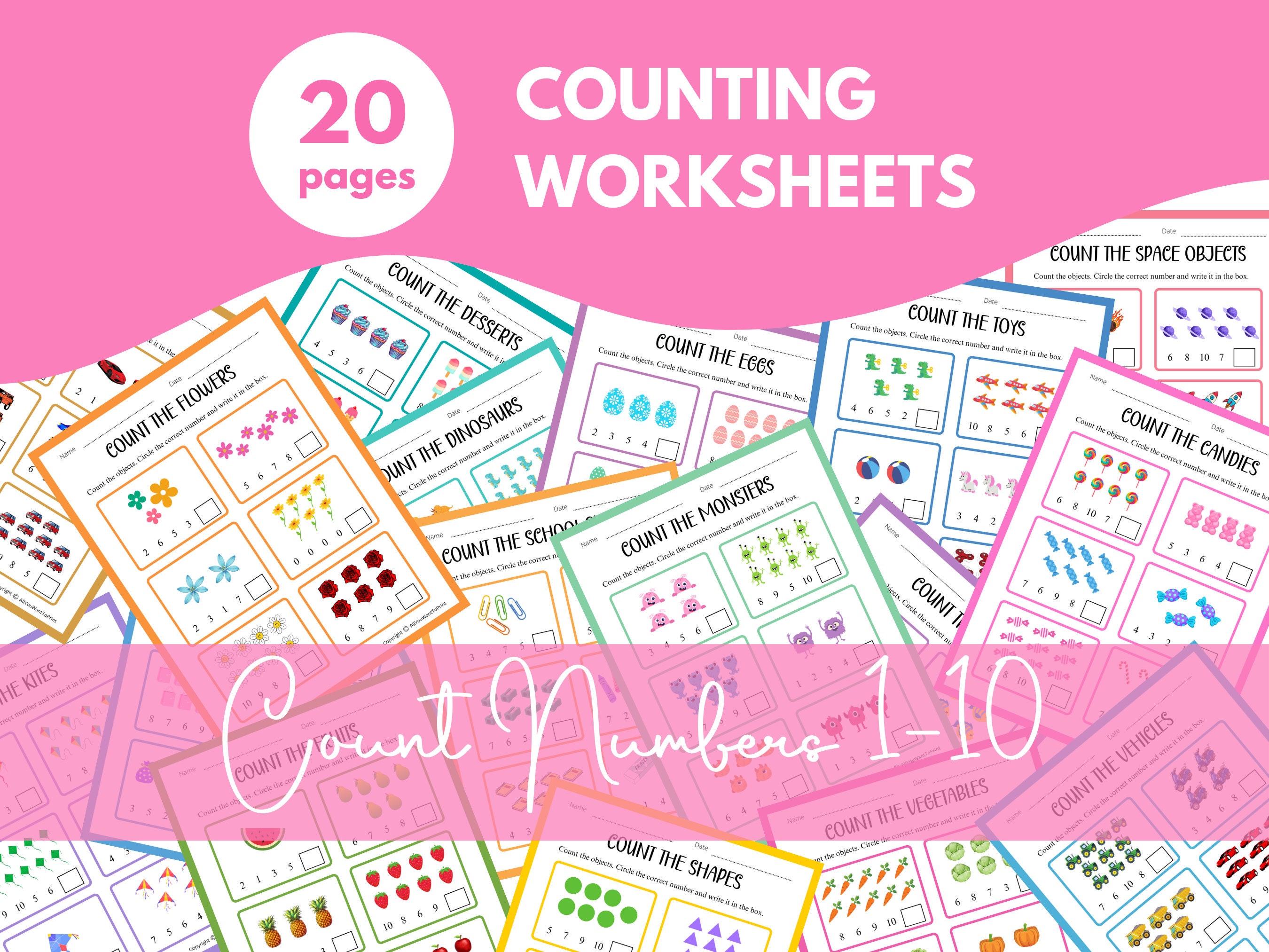 1-10 Counting Worksheets for Toddlers Count Numbers 1 to 10, Toddler ...