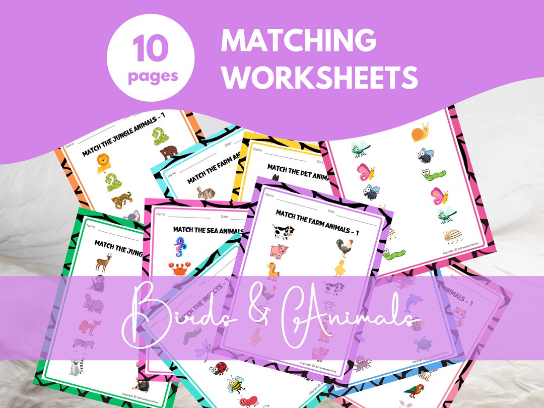 Birds and Animals Matching Worksheets, Printable Matching Worksheets ...