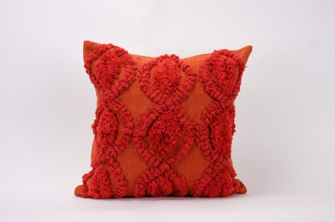 Burnt Red Boho Pillow, Tufted Pillow Cover, 18x18 Pillow, Red Pillow ...