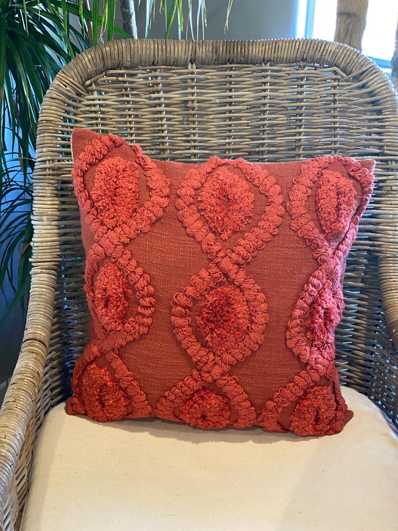 Burnt Red Boho Pillow, Tufted Pillow Cover, 18x18 Pillow, Red Pillow ...