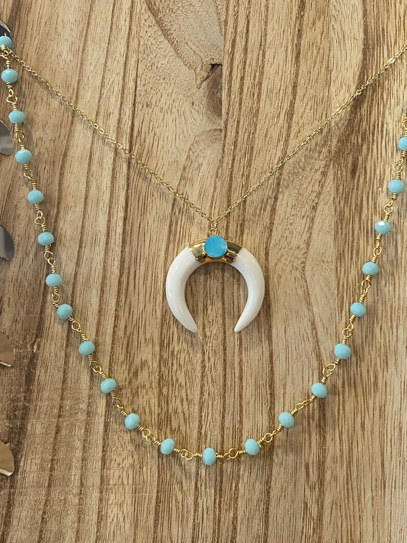 Crescent Moon Shaped Horn Double Layered Necklace in Turquoise and ...
