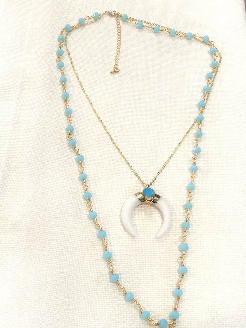Crescent Moon Shaped Horn Double Layered Necklace in Turquoise and ...