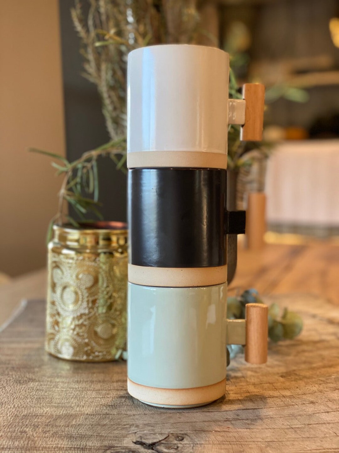 Stackable Ceramic Mugs With Wooden Handle - Etsy