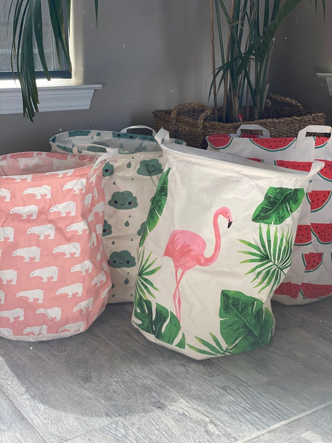Kids Wax Canvas Laundry Baskets; Watermelon, Cloud, Bear and Flamingo ...