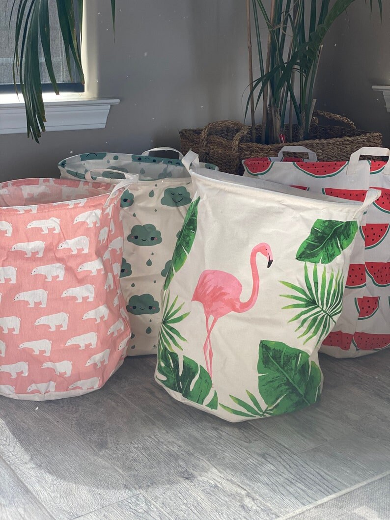 Kids Wax Canvas Laundry Baskets Watermelon, Cloud, Bear and Flamingo ...