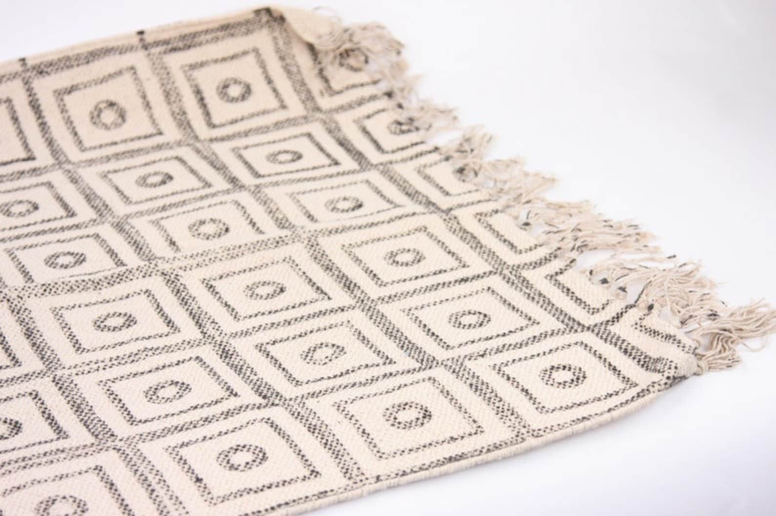 Beautiful Grey and Cream Hand Block Printed Small Area Rug, Square ...