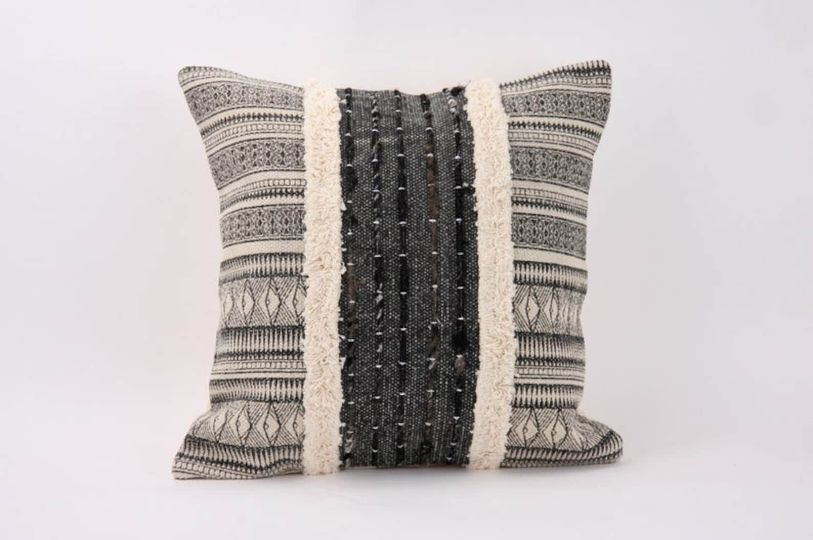 Boho Style Black and Cream Tufted Pillow Covers, 18x18 Pillow, Boho ...