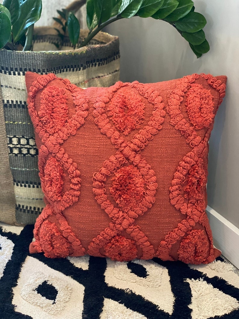 Burnt Red Boho Pillow, Tufted Pillow Cover, 18x18 Pillow, Red Pillow ...