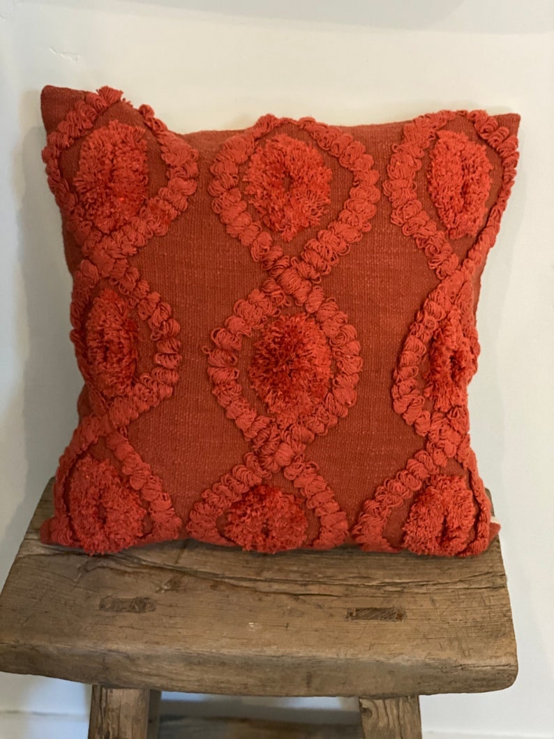 Burnt Red Boho Pillow, Tufted Pillow Cover, 18x18 Pillow, Red Pillow ...