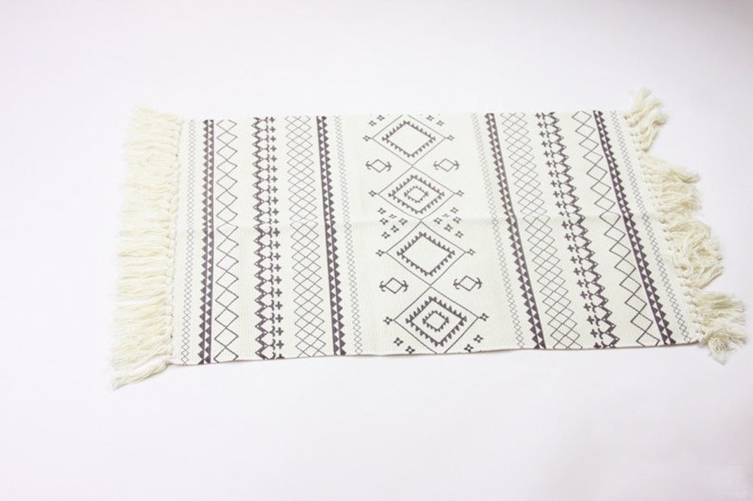 Boho Cream and Light Black Floor Rug With Tassels, Decorative Rug ...