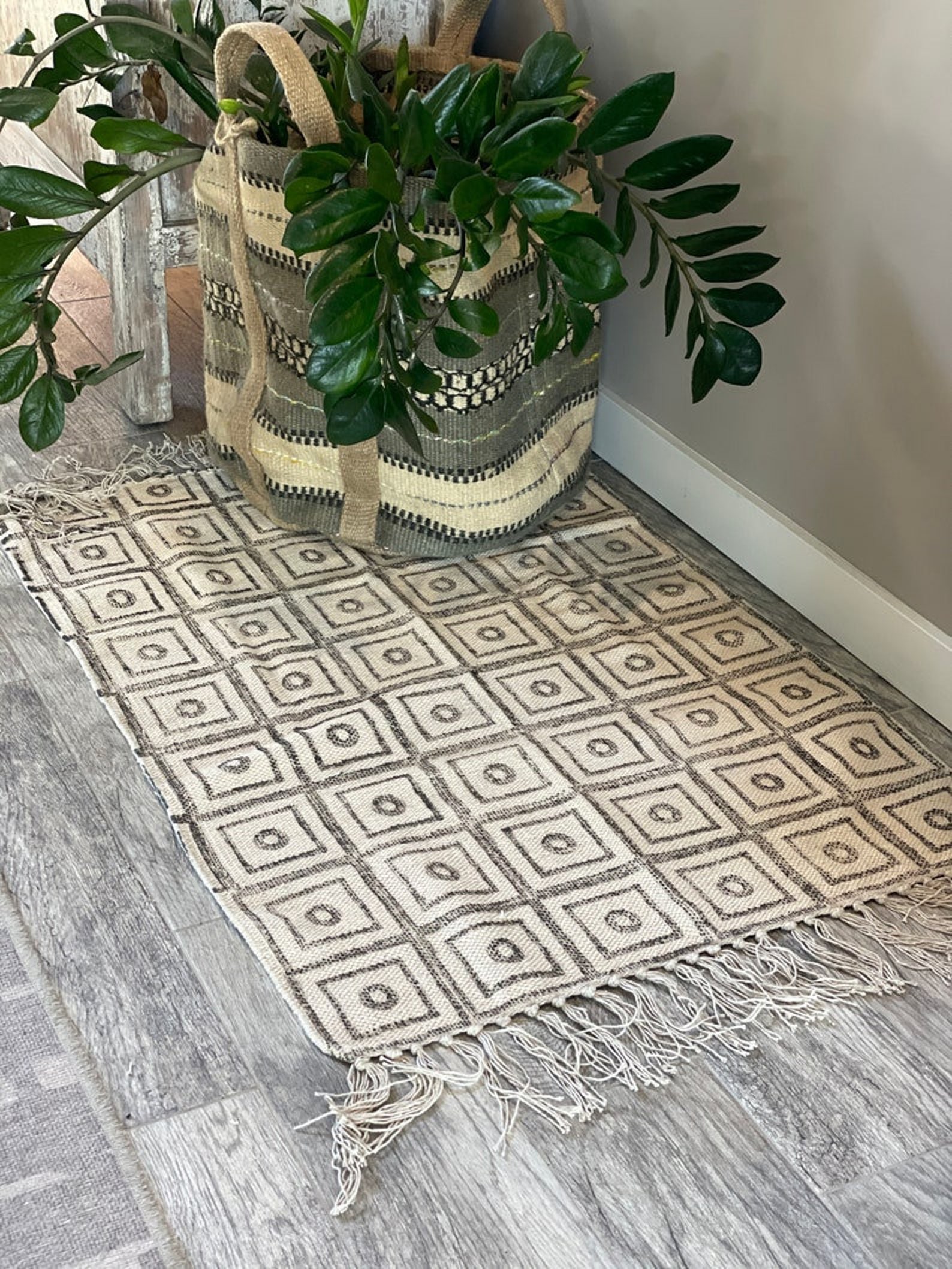 Beautiful Grey and Cream Hand Block Printed Small Area Rug, Square ...