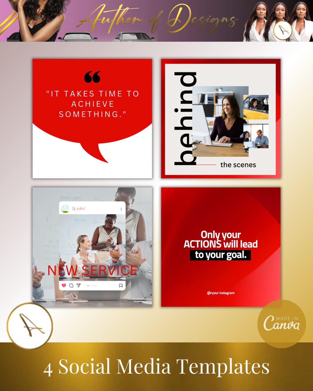 DIY Luxury Red Canva Website With 4 Social Media Templates, Canva ...