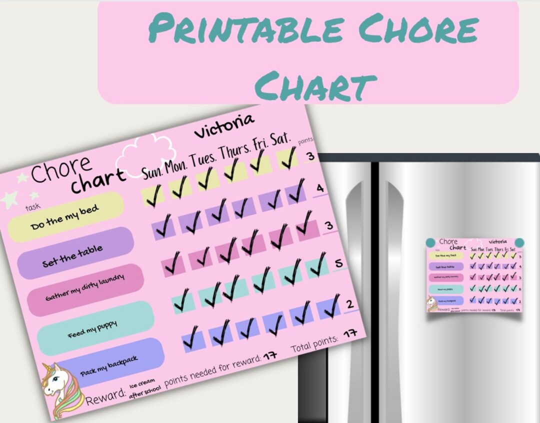 Unicorn Chore Chart Kids Chore Chart Kids Chores Digital Chart ...
