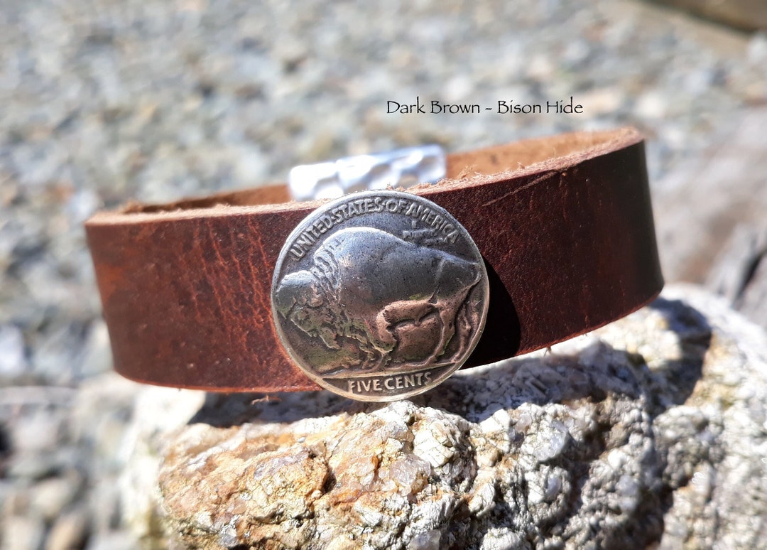 Buffalo Nickel Bison Hide Leather Bracelet - Rustic Coin Cuff - Etsy