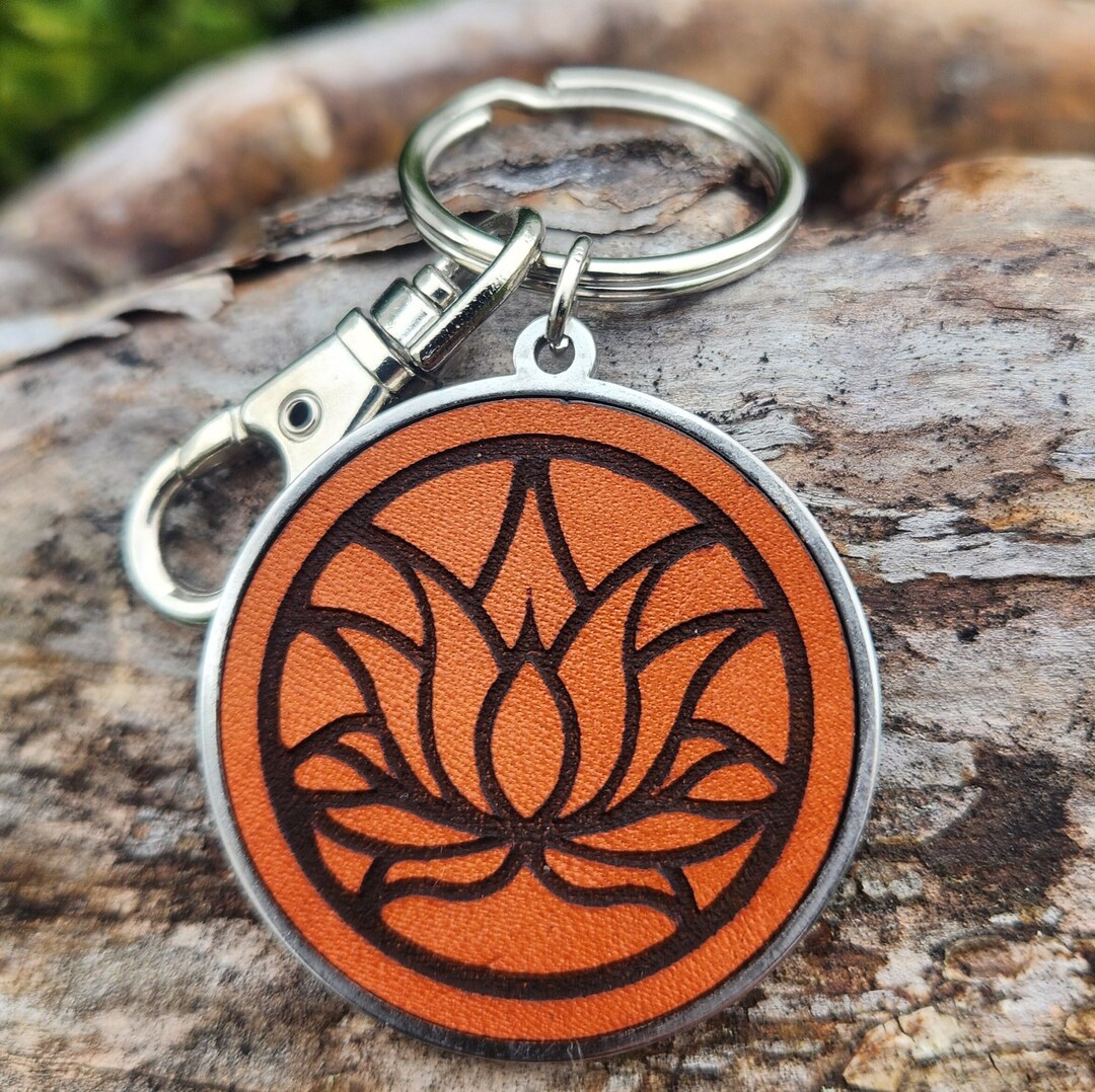 LOTUS FLOWER Leather Keychain -lotus Key Ring - Personalized Key Chain ...