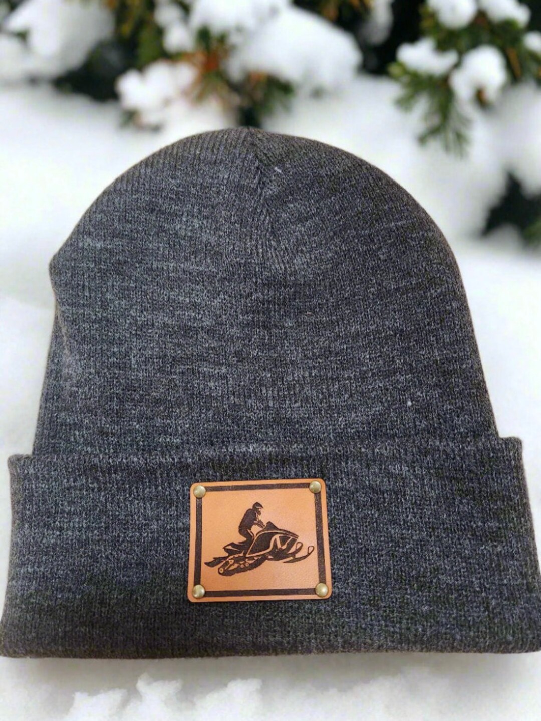 Snowmobile Knit Beanie - Yupoong Winter Hat With Leather Patch - Etsy