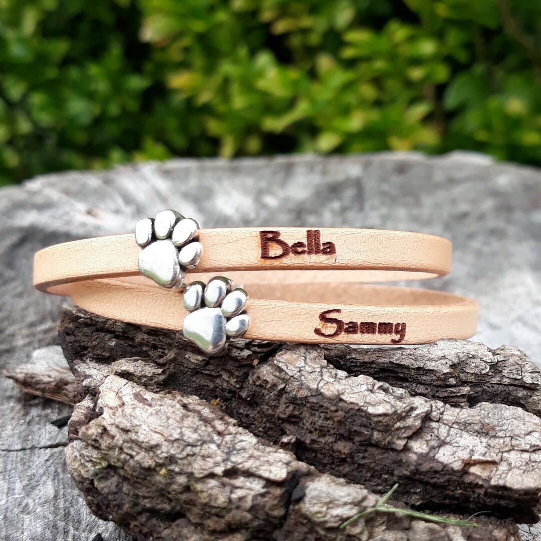 Personalized Double Dog Name Paw Print Leather Bracelet Double Wrap Pet ...