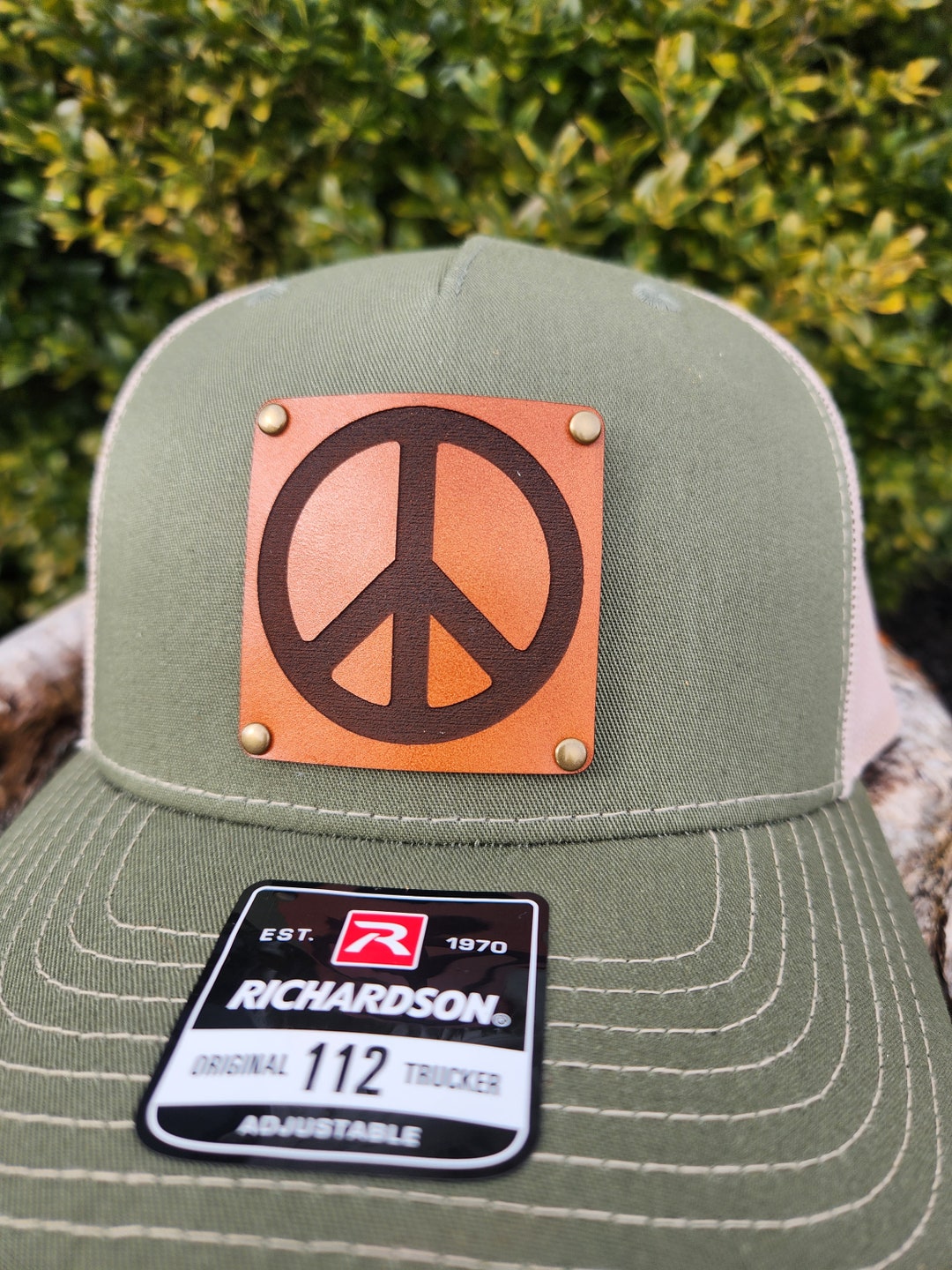 PEACE SIGN HAT - Engraved Peace Symbol Leather Patch Hats - Woodstock ...