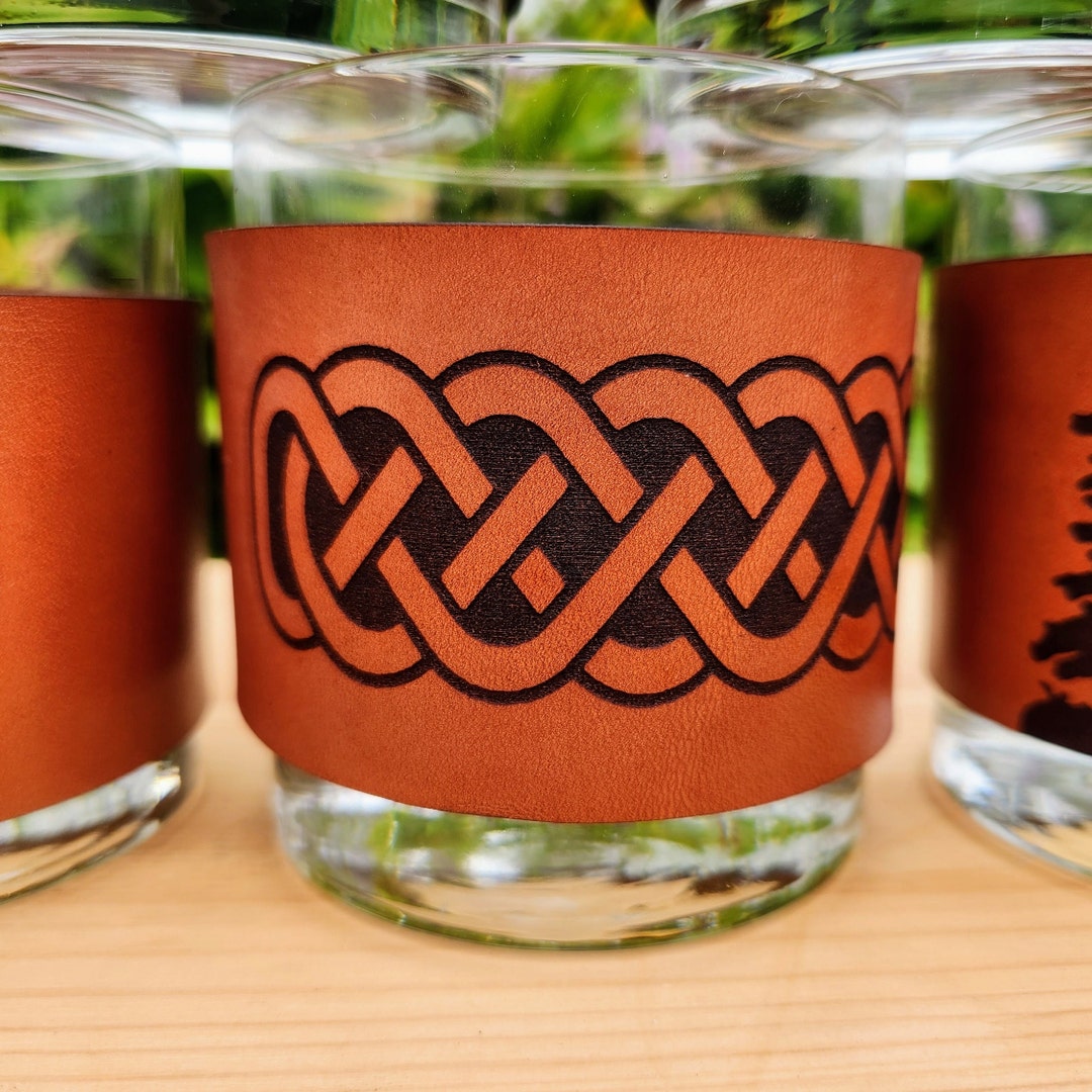 Celtic Knot Leather Wrap Whiskey Glass - Celtic Custom Barware - Rocks ...