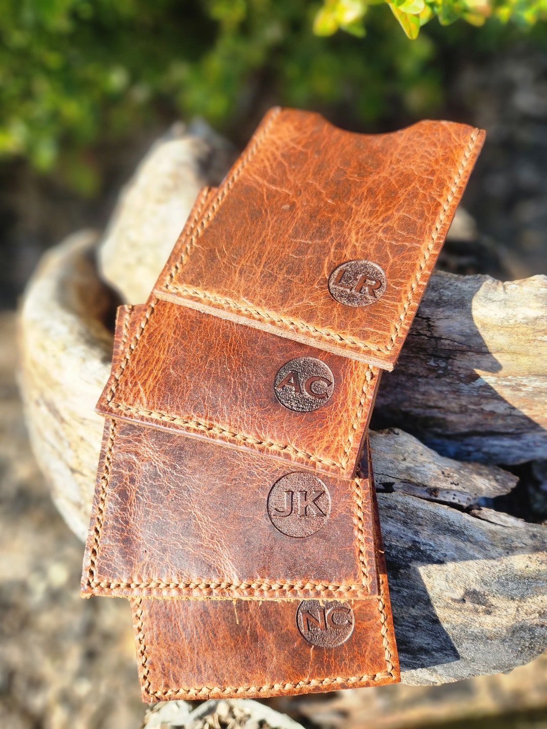 Leather Slim Wallet With Initials - Custom Credit Card Sleeve Leather ...