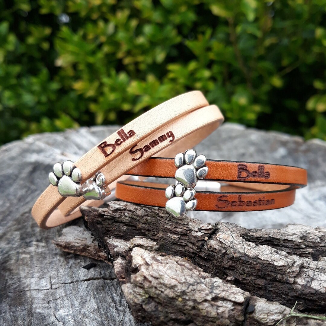 Personalized Double Dog Name Paw Print Leather Bracelet - Double Wrap ...