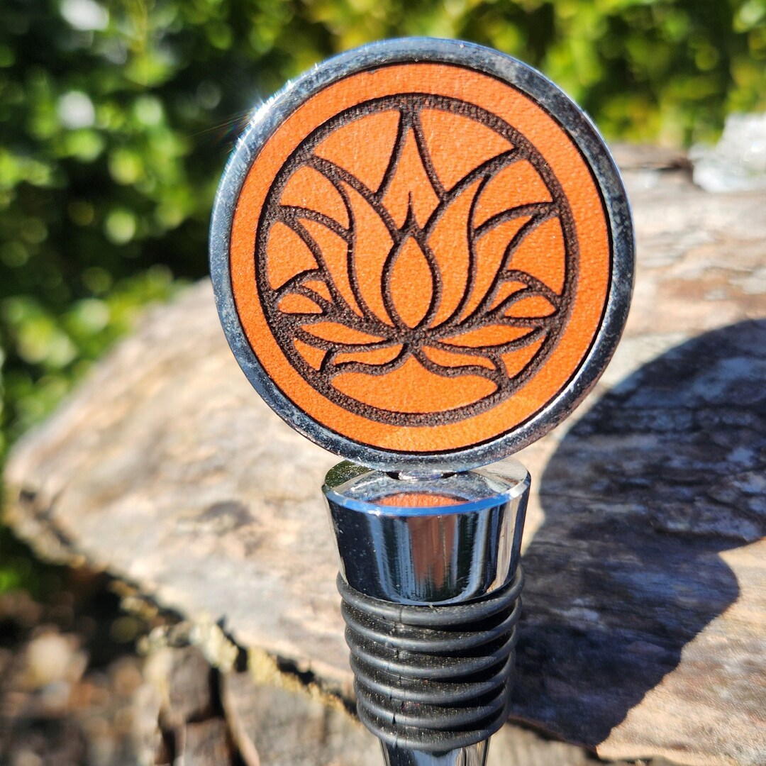 Laser Engraved Lotus Flower Wine Stopper: Leather & Metal - Etsy