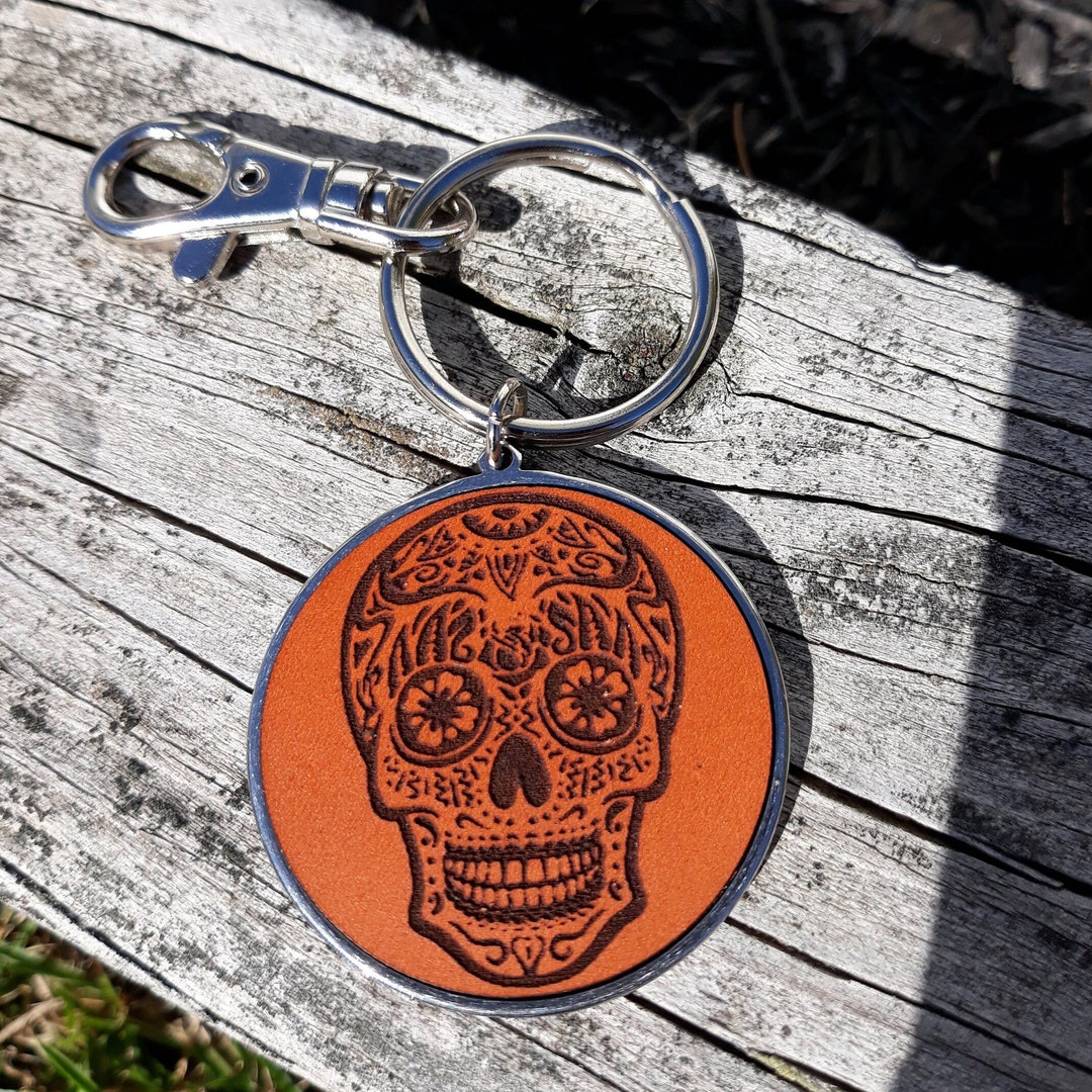SUGAR SKULL Leather Keychain Skull Key Ring Day of the Dead Key Chain ...