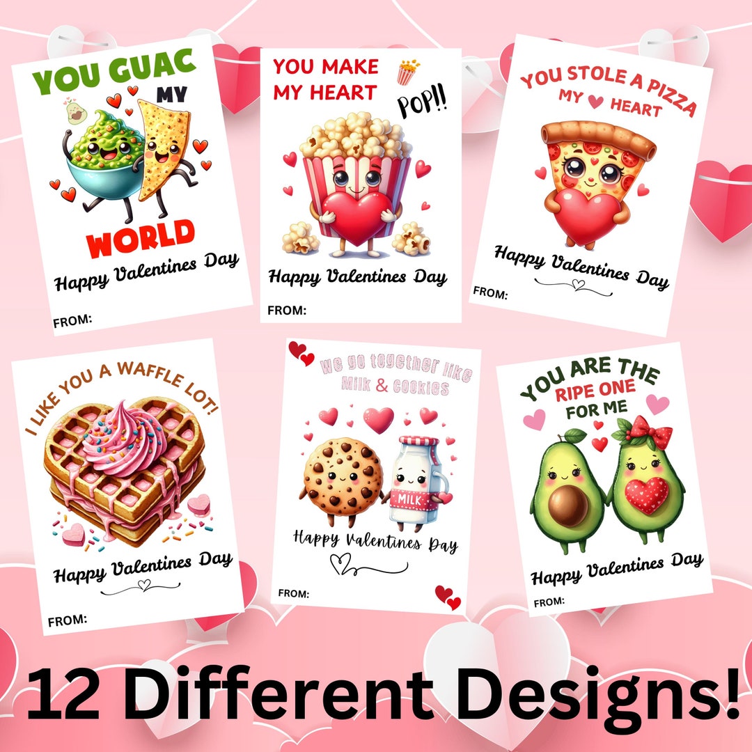 Valentine's Day Printable Card Bundle for Kids, Playful Food Pun ...