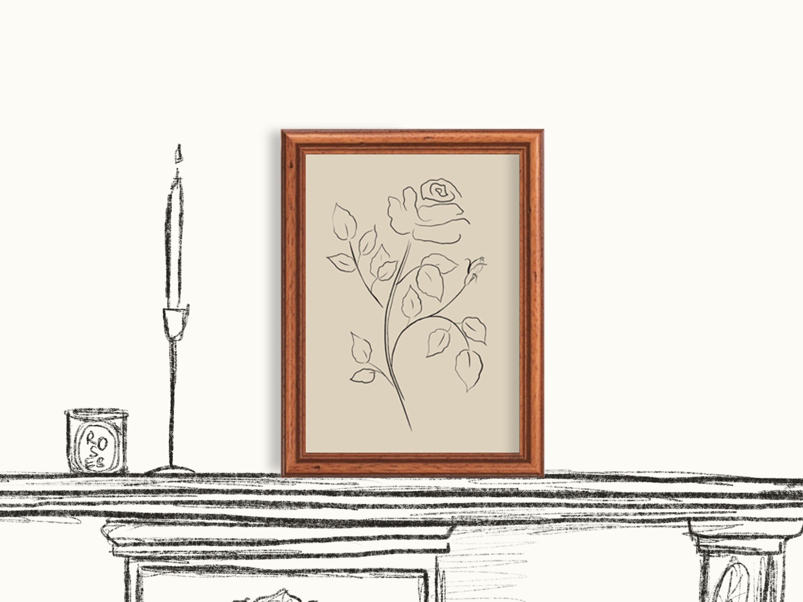 Vintage Line Art Rose Art Print | PRINTABLE Art Print | Rose Sketch ...