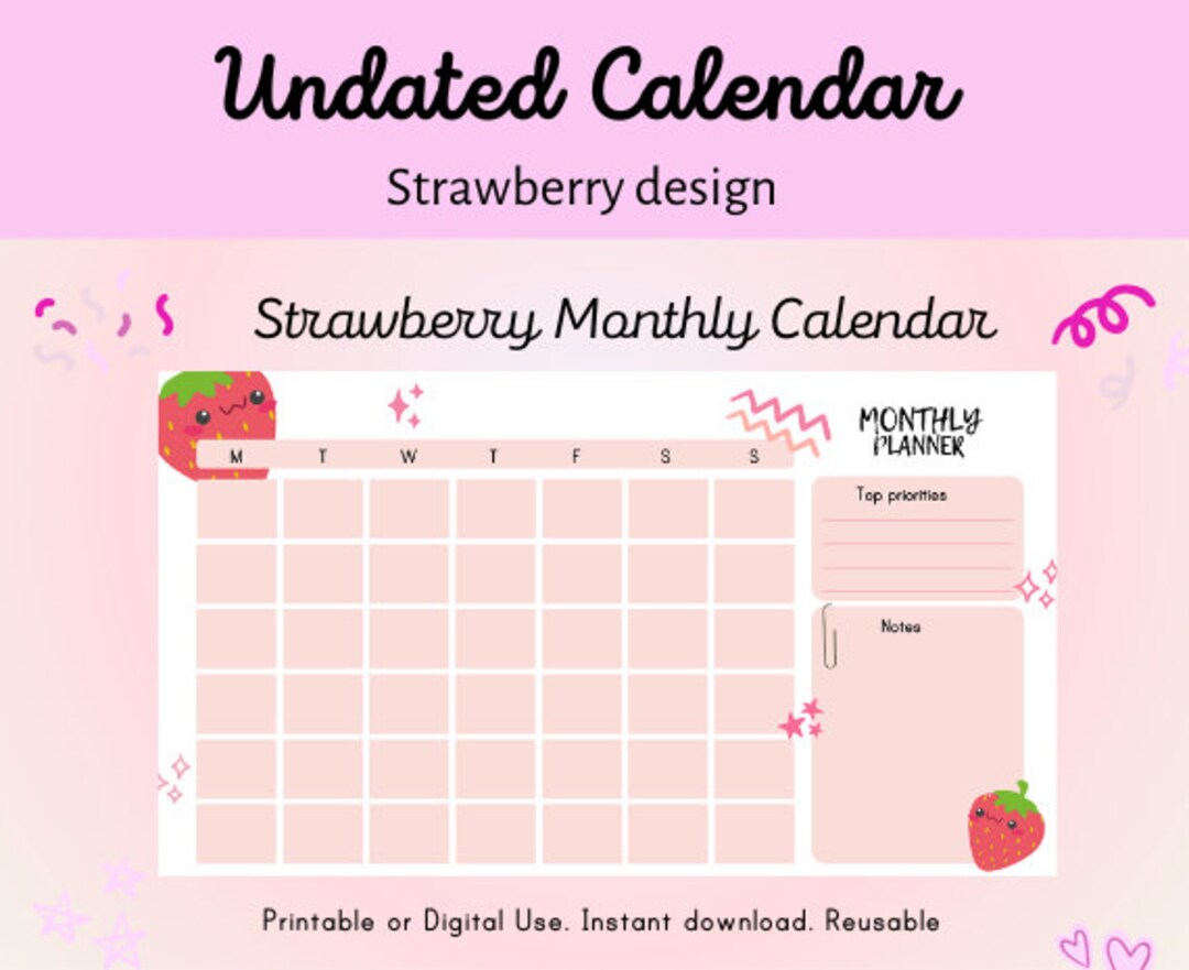 Strawberry Undated Monthly Planner Reusable Planner Monthly Calendar ...