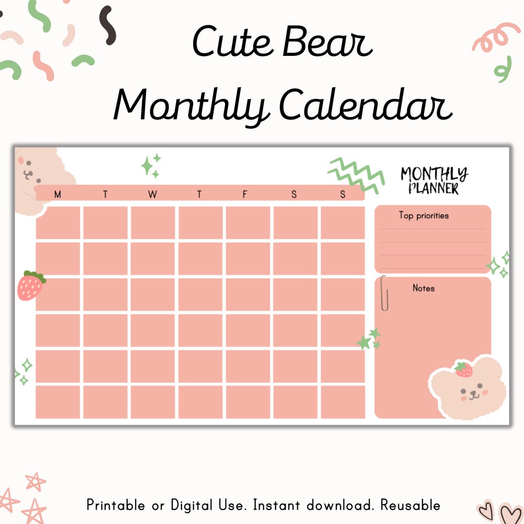 Cute Bear Undated Monthly Planner Reusable Monthly Calendar Printable ...