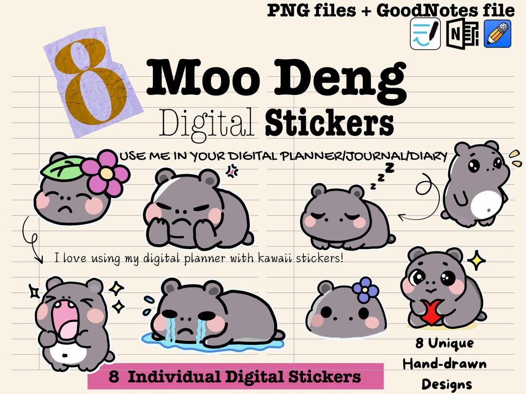 Moo Deng Baby Hippo Stickers PNG Pygmy Hippo Design Happy Crying Hippo ...