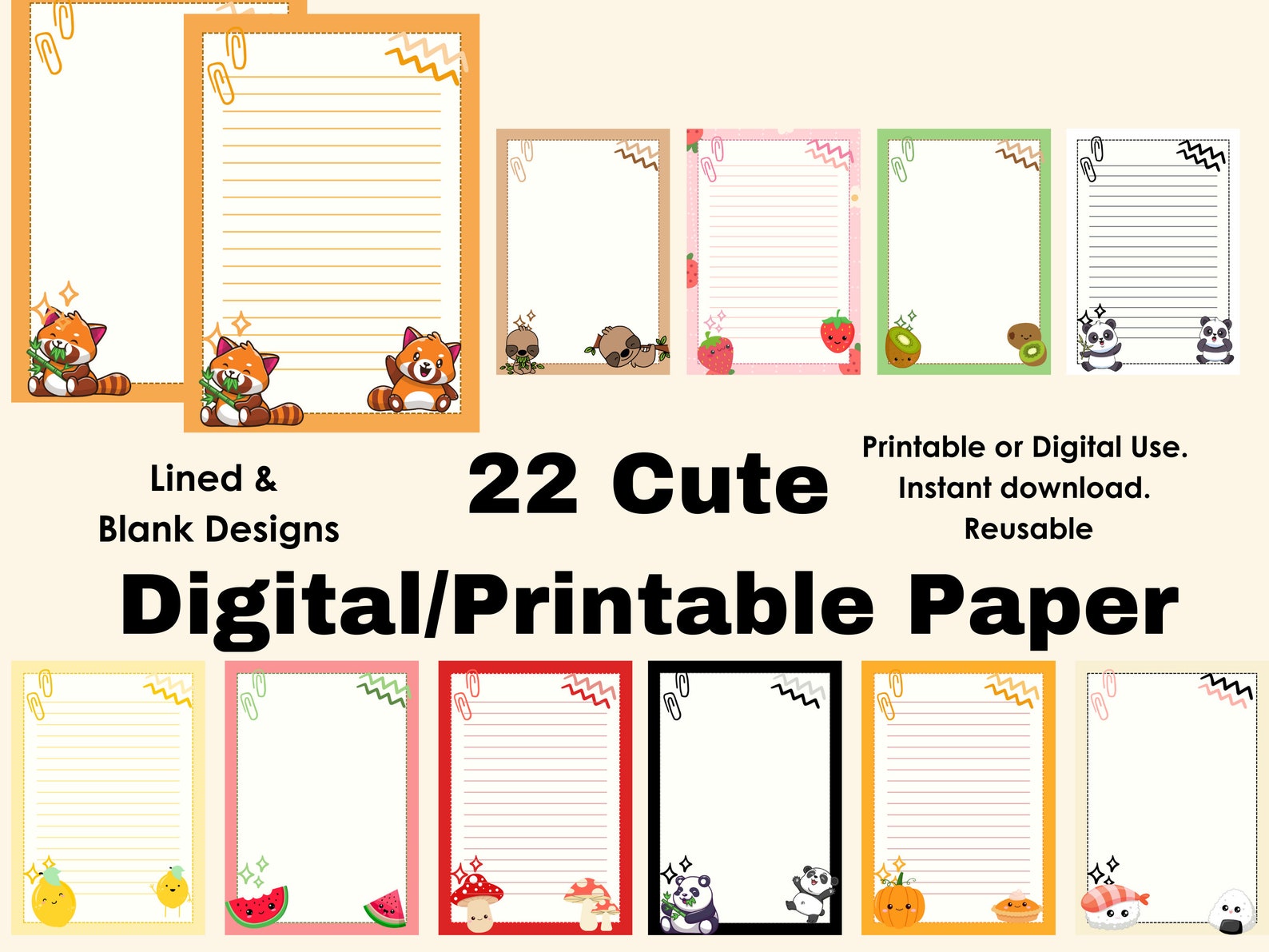 Cute Digital Paper Reusable Printable Paper Cute Digital Paper Kawaii ...