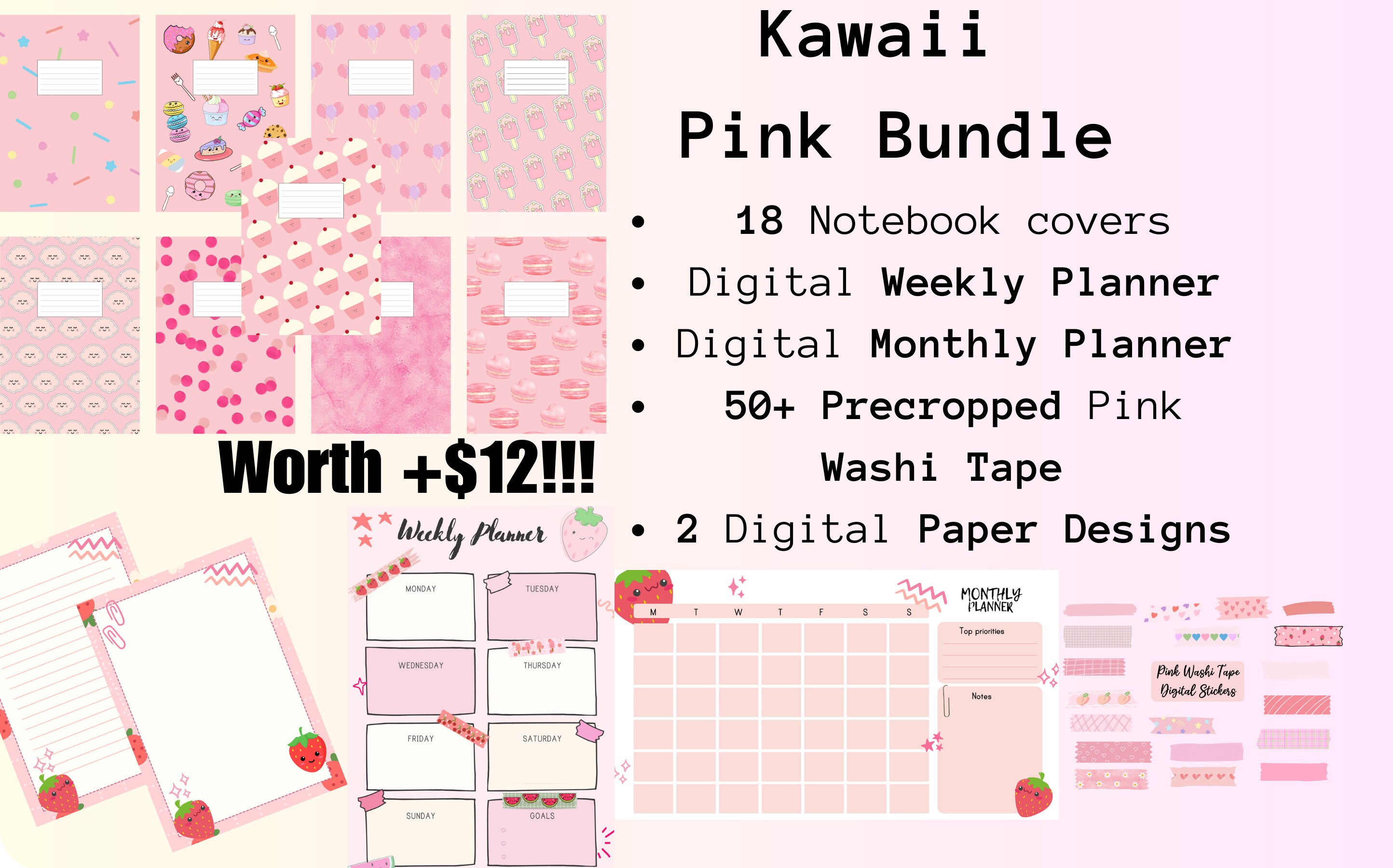 Pink Kawaii Digital Notebooks and Pink Aesthetic Digital Stickers Pink ...