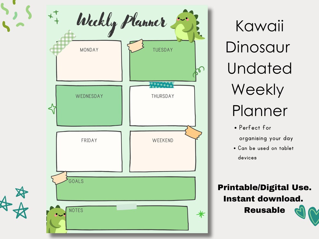 Green Undated Weekly Planners Reusable Planner Week Calendar Printable ...