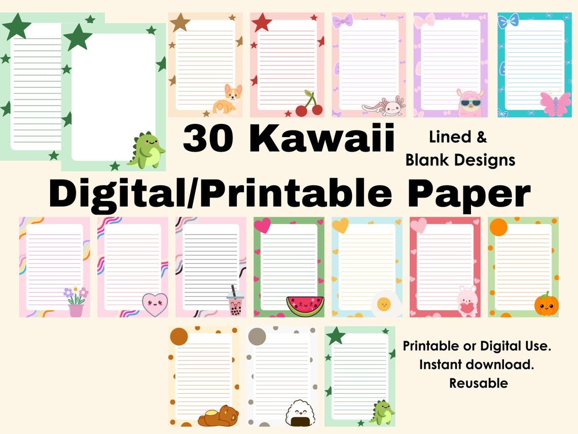 Cute Digital Paper Reusable Printable Paper Cute Digital Paper Kawaii ...