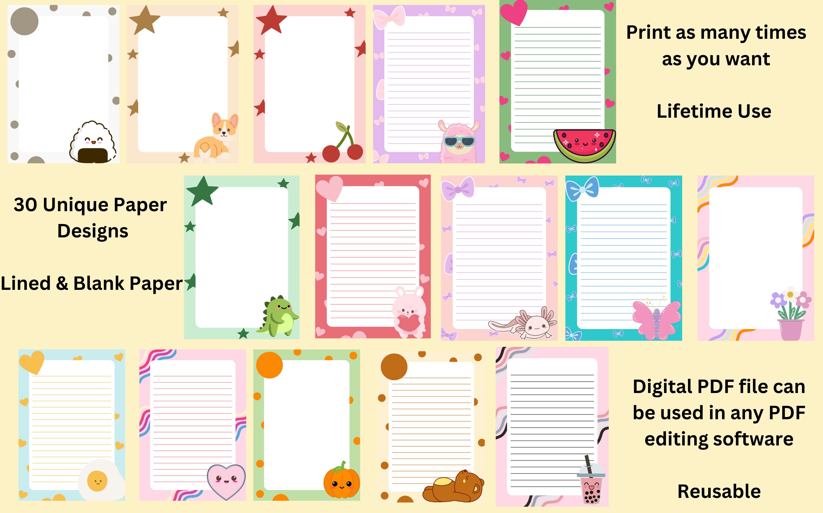 Cute Digital Paper Reusable Printable Paper Cute Digital Paper Kawaii ...