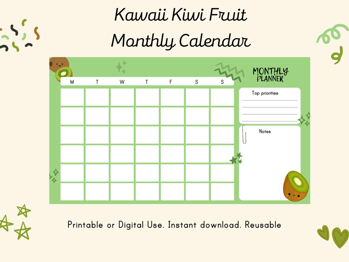 Kiwi Fruit Cute Undated Monthly Planner Reusable Planner Monthly ...