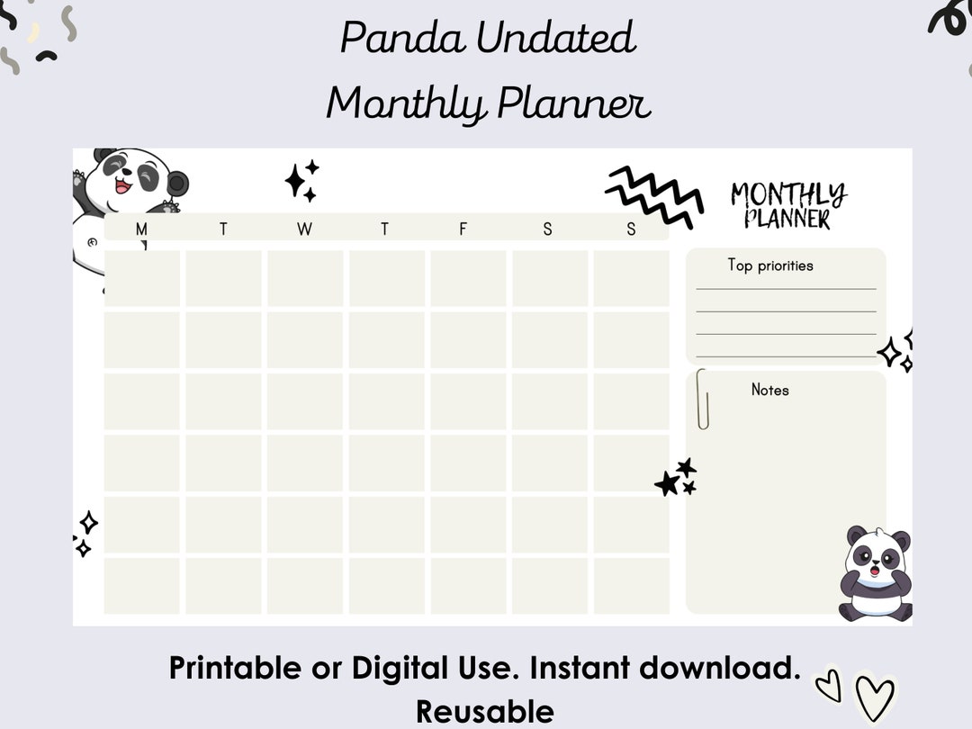Undated Monthly Planner Reusable Planner Monthly Calendar Printable ...