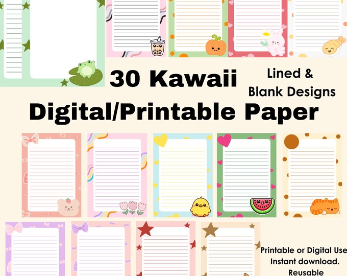 Cute Digital Paper Reusable Printable Paper Cute Digital Paper Kawaii ...