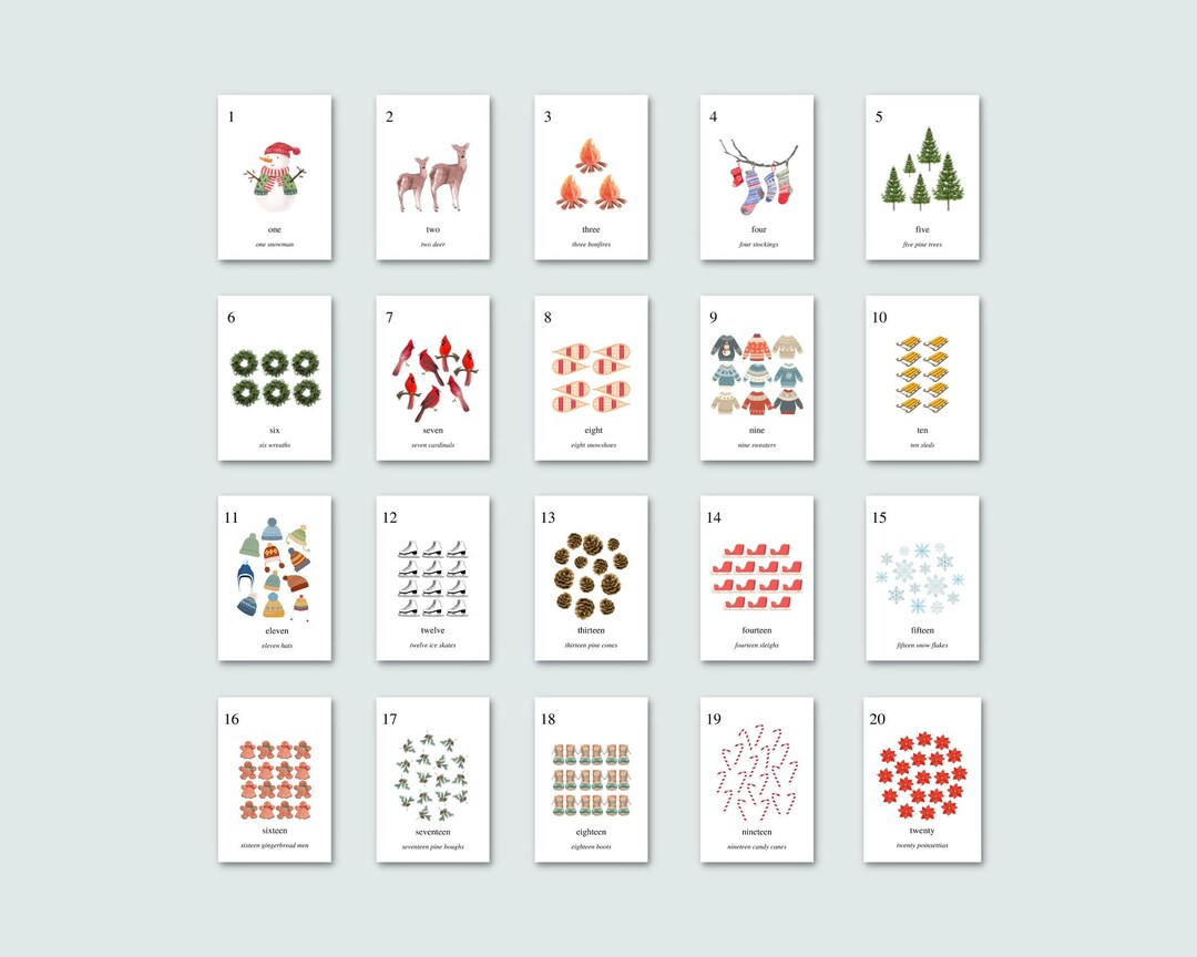 Winter Number Flashcards, 20 Winter Holiday Themed Cards, Homeschool ...