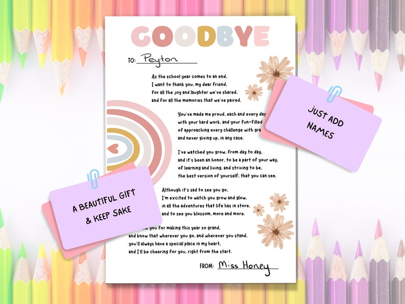 Teacher Goodbye Gift to Students, Last Day of School Gift From Teacher ...