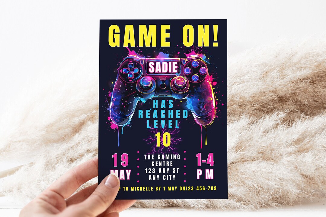 Video Game Birthday Invitation Template, Video Game Invitation, Neon ...
