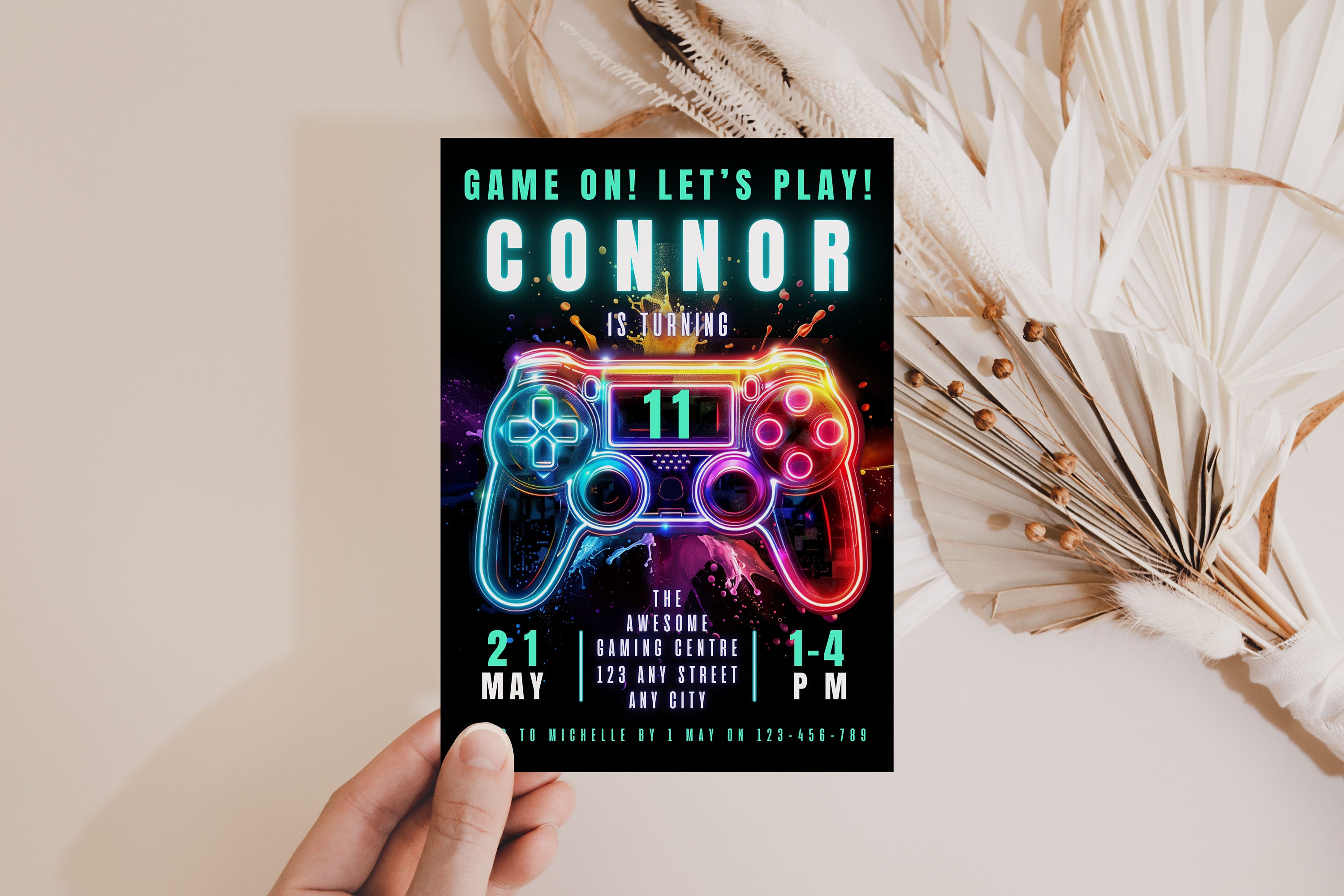 Video Game Birthday Invitation Template, Video Game Invitation, Neon ...